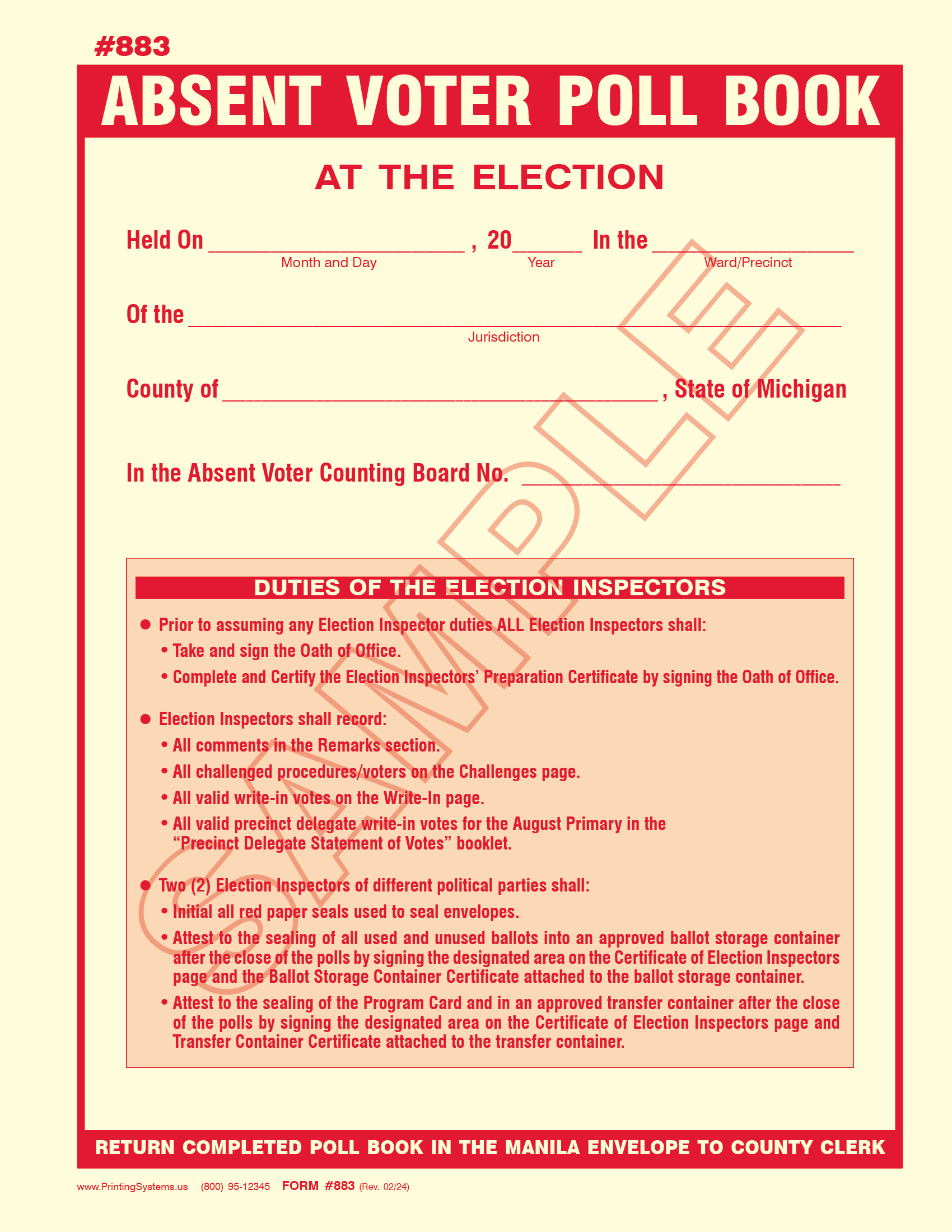 Printing Systems · 883 Early AV Ballot Tabulation - Absent Voter Poll Book