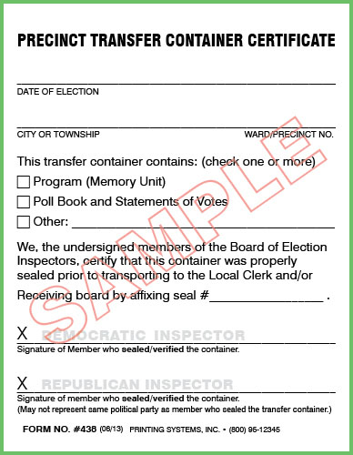 Printing Systems · 438 Precinct Transfer Container Certificate