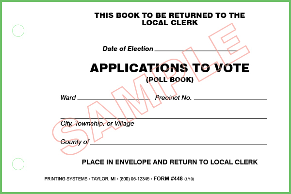 Printing Systems · 448 Binders for Election Day Application to Vote Sheets