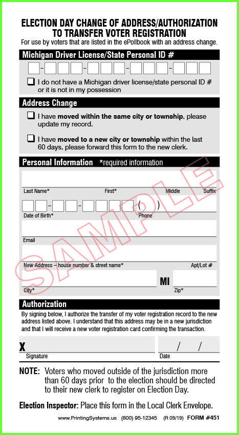 Printing Systems · 451 Election Day Change of Address / Authorization ...
