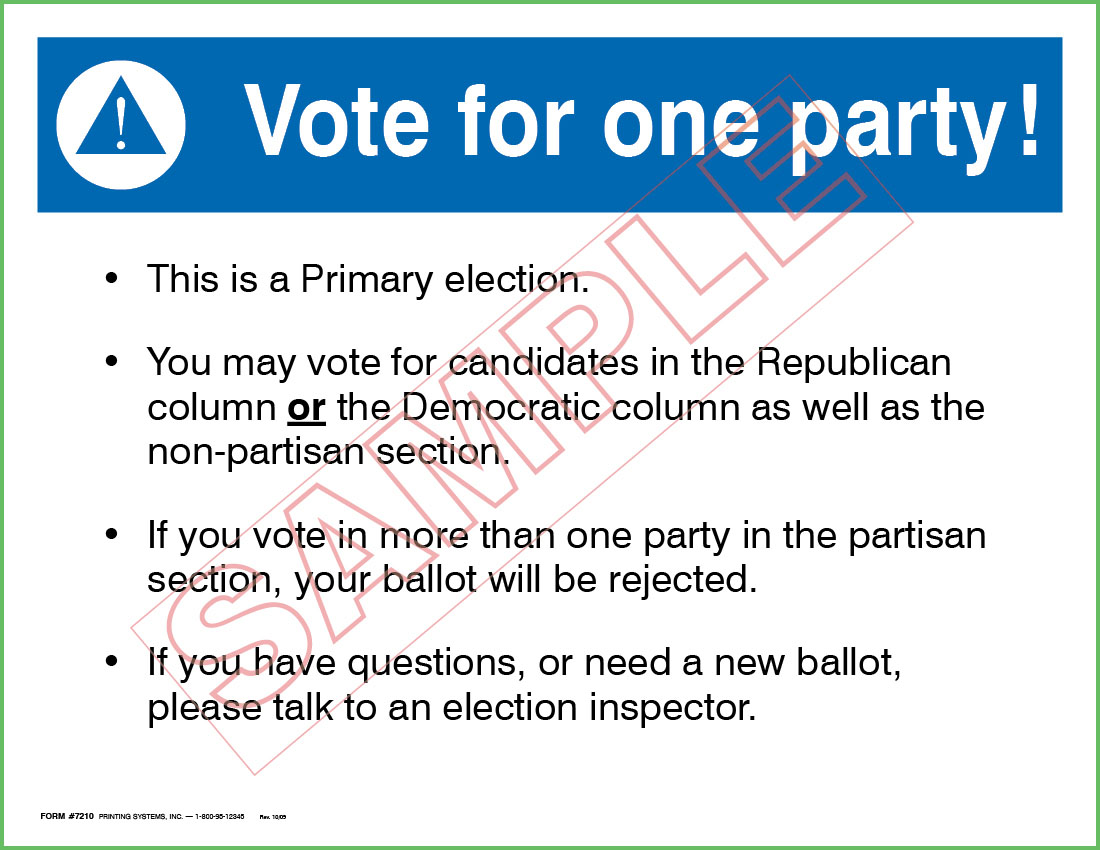 Printing Systems · 7210 Primary - Vote for One Party Sign, Non Laminated